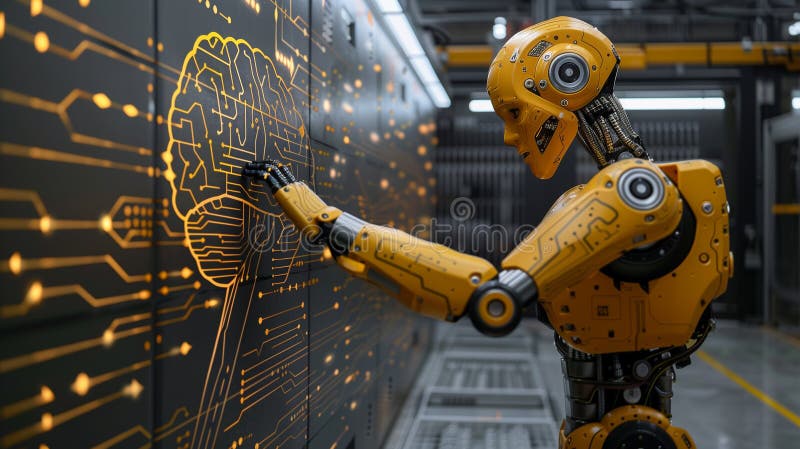 Yellow Robot in Industrial Setting in Front of an Interactive Panel ...