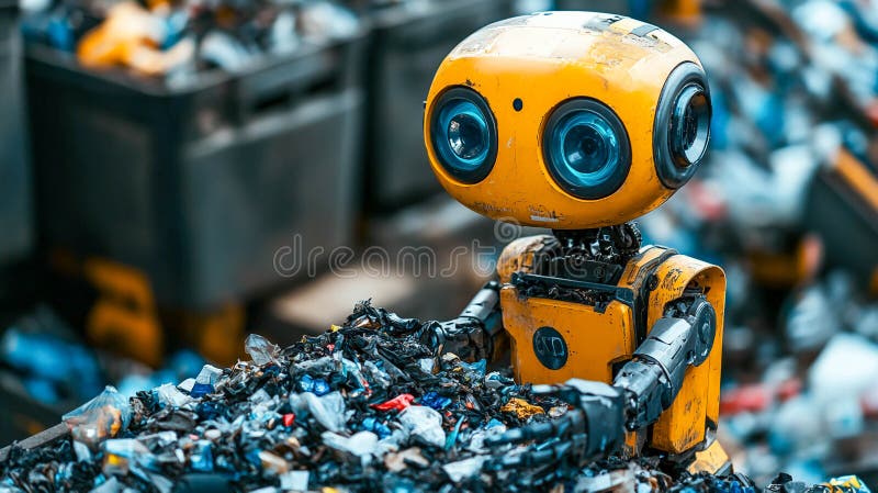 A Yellow Robot Standing Against the Background of a Pile of Garbage ...