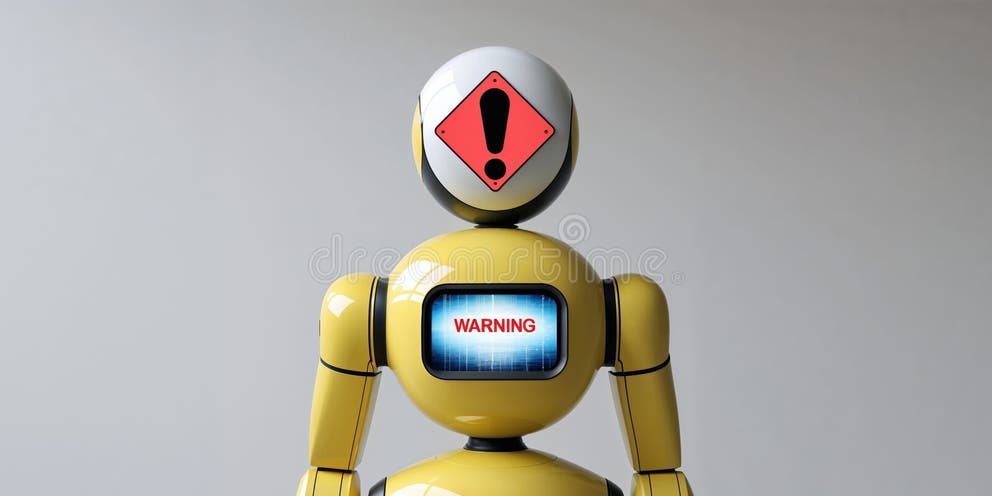A Yellow Robot with a Warning Sign on Its Head Stock Photo - Image of ...