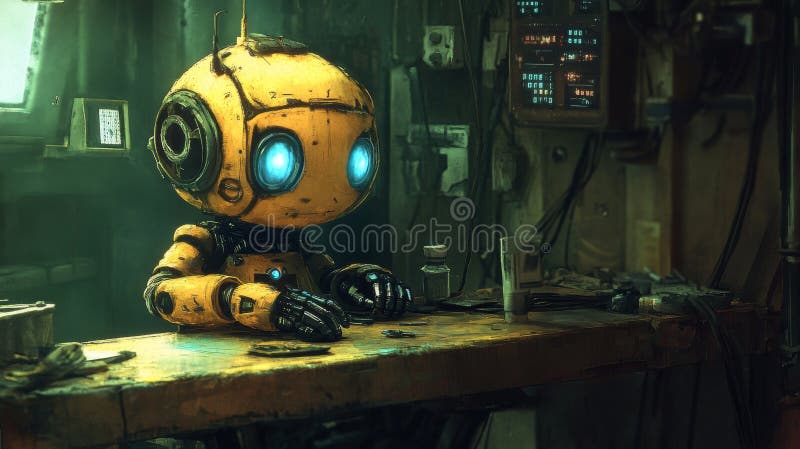 Yellow Robot at Workbench in Futuristic Workshop Stock Image - Image of ...