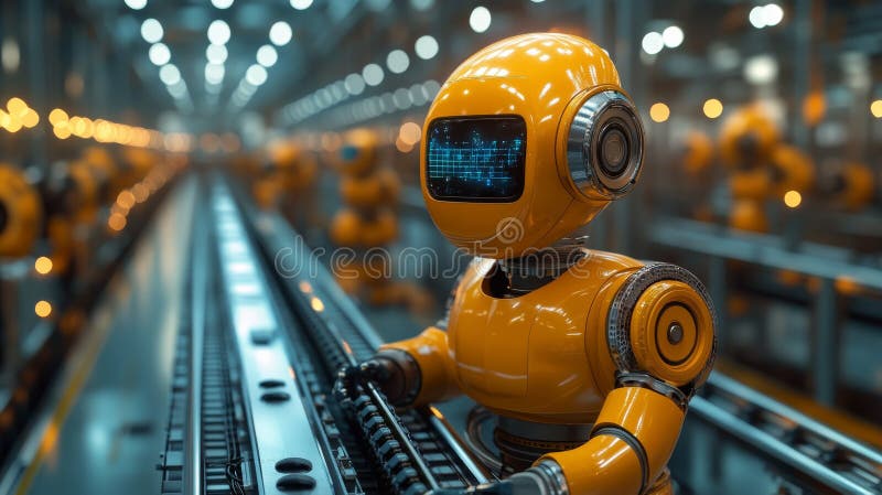 Yellow Robot Working on Assembly Line Stock Illustration - Illustration ...