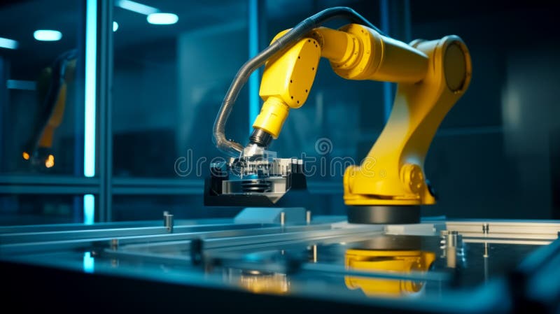 Yellow Robot is Working on Piece of Metal in Machine Shop. Generative ...