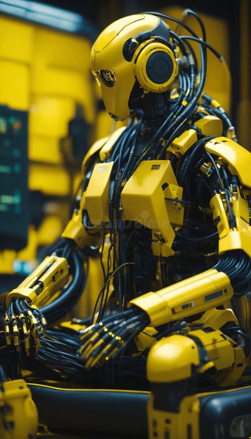 Yellow Robotic Android Seated in a Futuristic Industrial Setting with ...