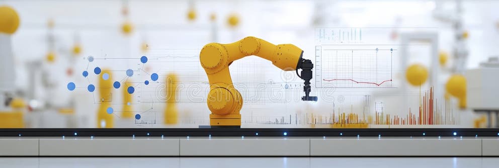 Yellow Robotic Arm Analyzing Data in High-tech Lab Stock Illustration ...