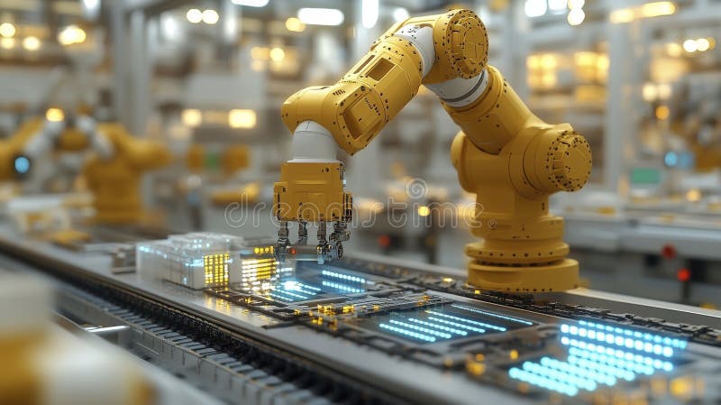 Yellow Robotic Arm Assembling Circuit Components Precisely Stock ...