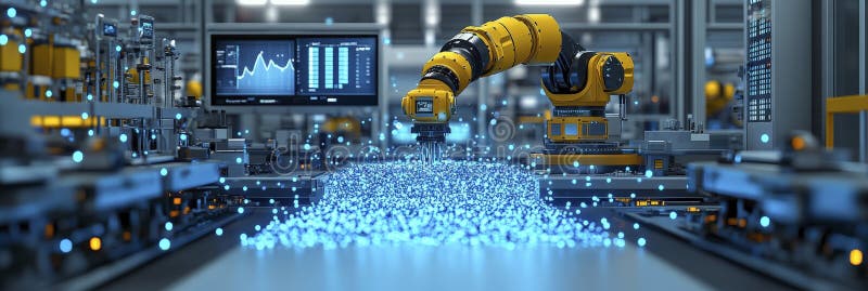 Yellow Robotic Arm with Digital Data in Production Line Stock ...