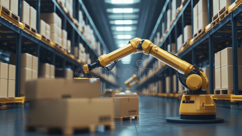 Yellow Robotic Arm Handling Boxes in a Storage Facility Stock ...