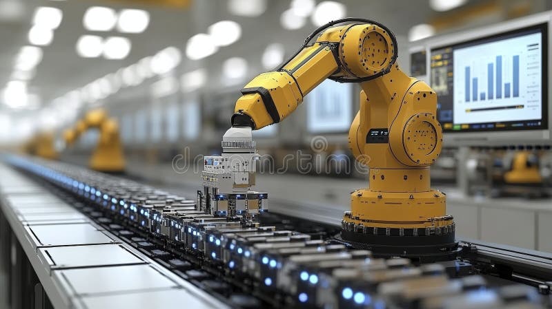 Yellow Robotic Arm Operates on an Assembly Line Stock Illustration ...