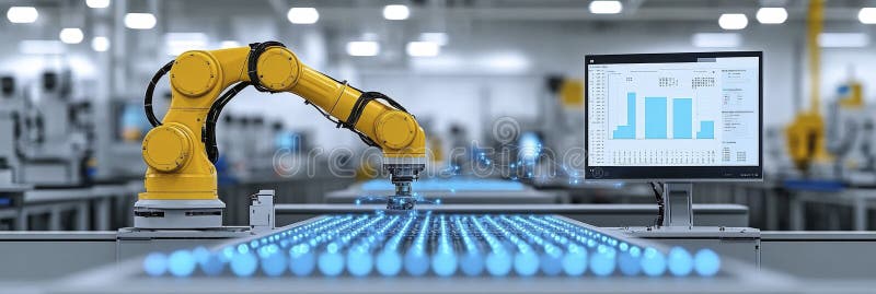 Yellow Robotic Arm on a Production Line Analyzing Data Stock ...