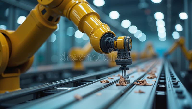 Yellow Robotic Arm Sorting Materials on Conveyor Belt in Modern Factory ... Yellow Robotic Arm Sorting Materials on Conveyor Belt in Modern Factory ...