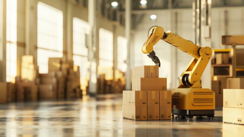 Yellow Robotic Arm Stacking Boxes in a Bright Warehouse. Automation and ...