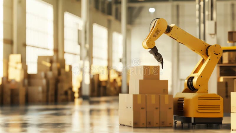 Yellow Robotic Arm Stacking Boxes in a Sunlit Warehouse, Symbolizing ...
