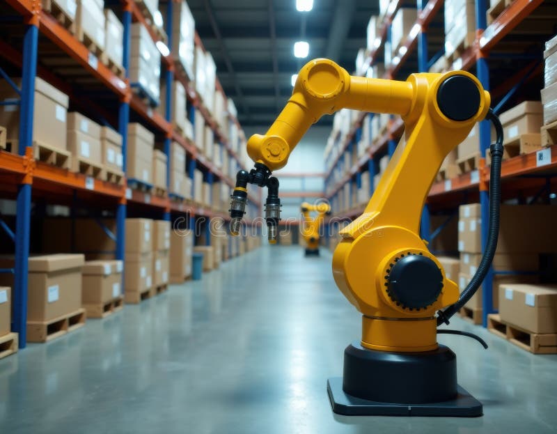 Yellow Robotic Arm in Warehouse Stock Illustration - Illustration of ...