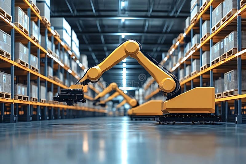 Yellow Robotic Arms Working in Modern Warehouse Stock Photo - Image of ...