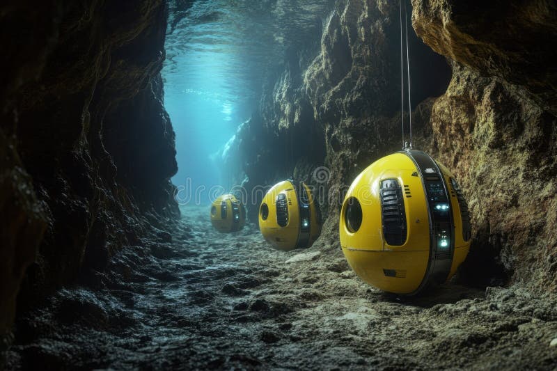 Underwater Exploration Yellow Robotic Devices Deep Cave Environment ...