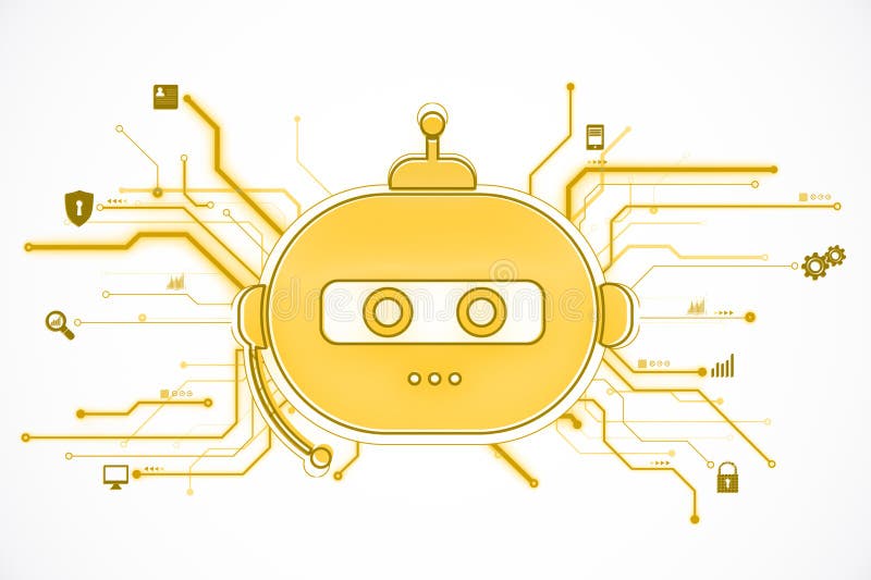 Yellow Robotic Face with Technology Icons on a White Background. 3D ...