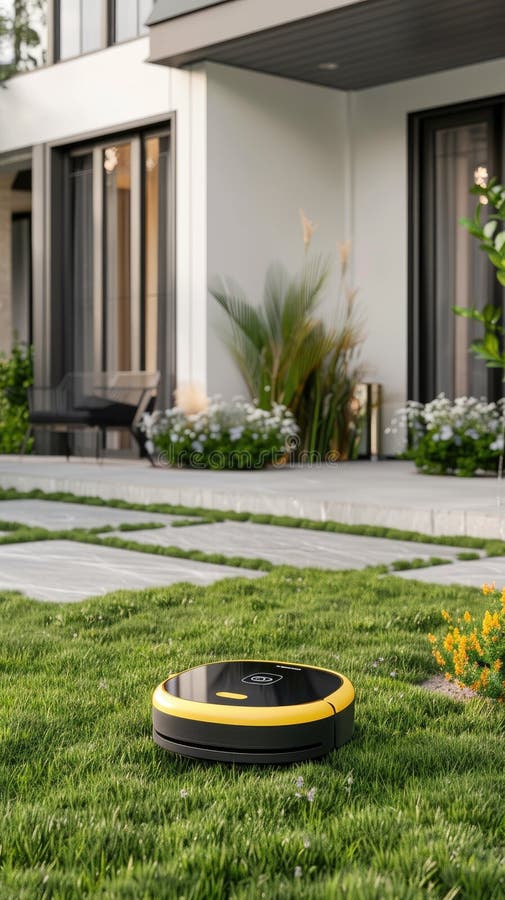 A Yellow Robotic Lawnmower Cuts the Green Grass in the Front Yard of a ...