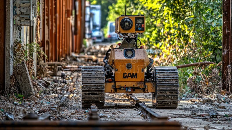 A Yellow Robotic Vehicle Moving Along Tracks in a Construction Site ...