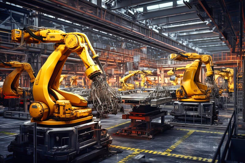 Yellow Robots Filling a Factory Stock Photo - Image of automated ...