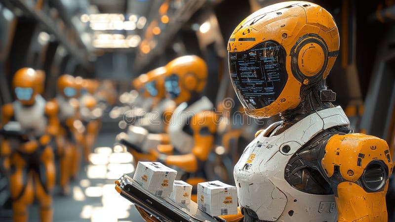 Yellow Robots in Futuristic Assembly Line Processing Packages Stock ...
