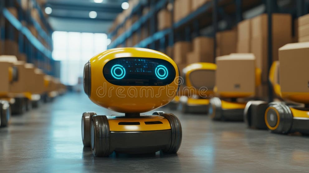 Yellow Robots Moving Boxes in a Warehouse Stock Illustration ...