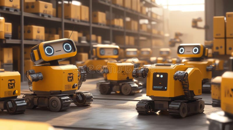 Yellow Robots in a Warehouse Setting Stock Illustration - Illustration ...