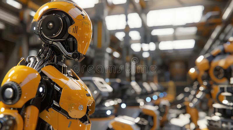 Yellow Robots Working in a Futuristic Industrial Facility Generated ...