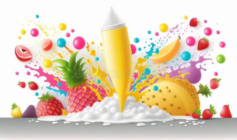 A Yellow Rocket is Flying Over a Pile of Fruit and Milk Stock ...