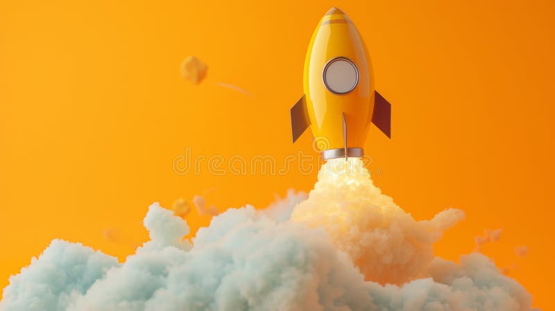 Yellow Rocket Launching through Clouds on an Orange Background ...