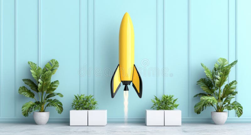 Yellow Rocket Ship Launch with Tropical Plants Stock Illustration ...