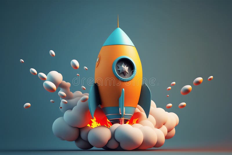 Yellow Rocket Space Ship Launch Creating Fire Flames and Cloud Smoke in ...