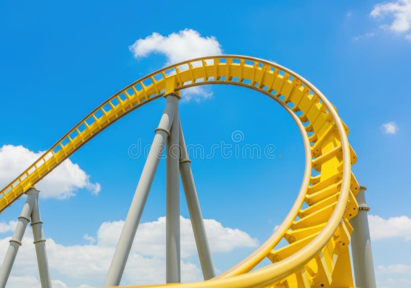 Yellow Roller Coaster Loop Against Blue Sky with Clouds on a Sunny Day ...