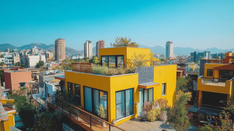 Yellow Rooftop House Cityscape Mountain View Stock Illustration ...