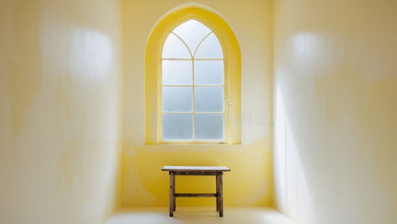 Yellow Room with Arch Window and Small Wooden Table Stock Image - Image ...