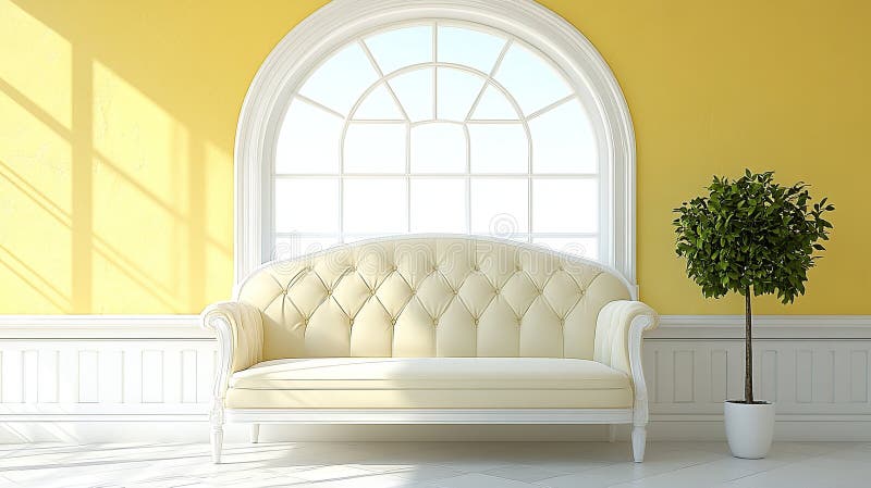 Yellow Room with Arched Window, Cream Sofa, and Small Tree. Interior ...