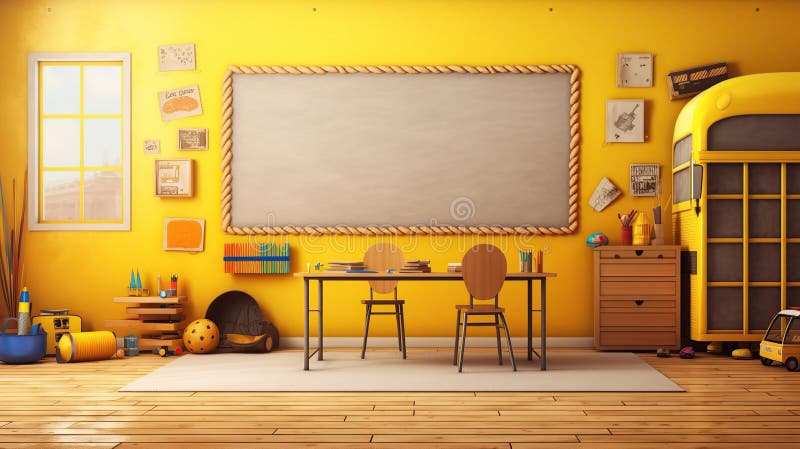 A Yellow Room with a Large Chalkboard, a Table and Chairs, and a Toy ...