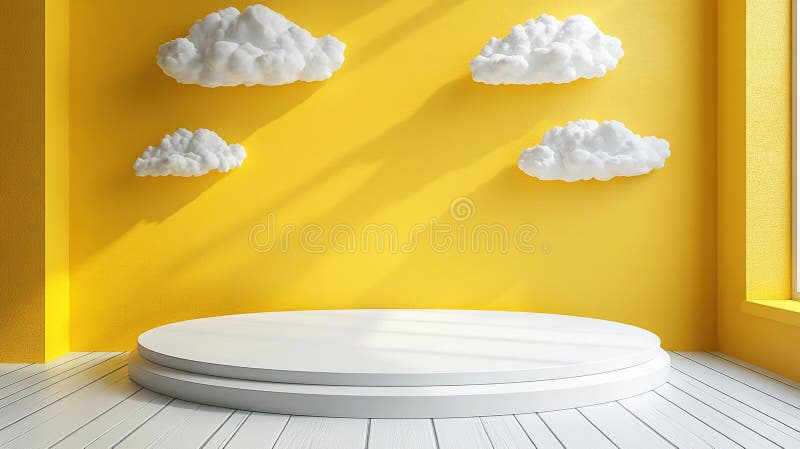 Yellow Room, White Platform, Clouds, Sunlight, Product Display Stock ...
