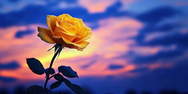 Yellow Rose Blooming Against Vibrant Sunset Sky with Clouds Stock Image ...