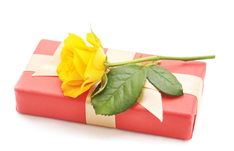 Yellow rose with a gift stock image. Image of floral - 154364979
