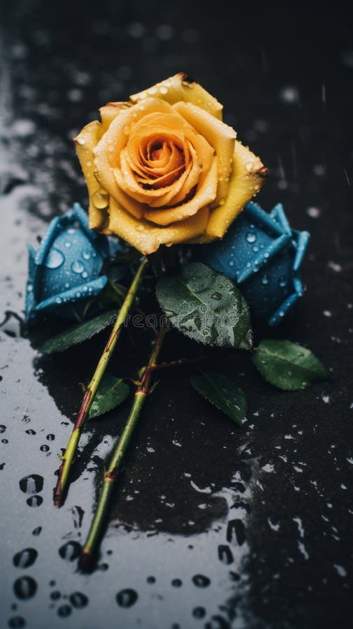 A Yellow Rose Sitting on a Wet Surface with Rain Drops on it Stock ...