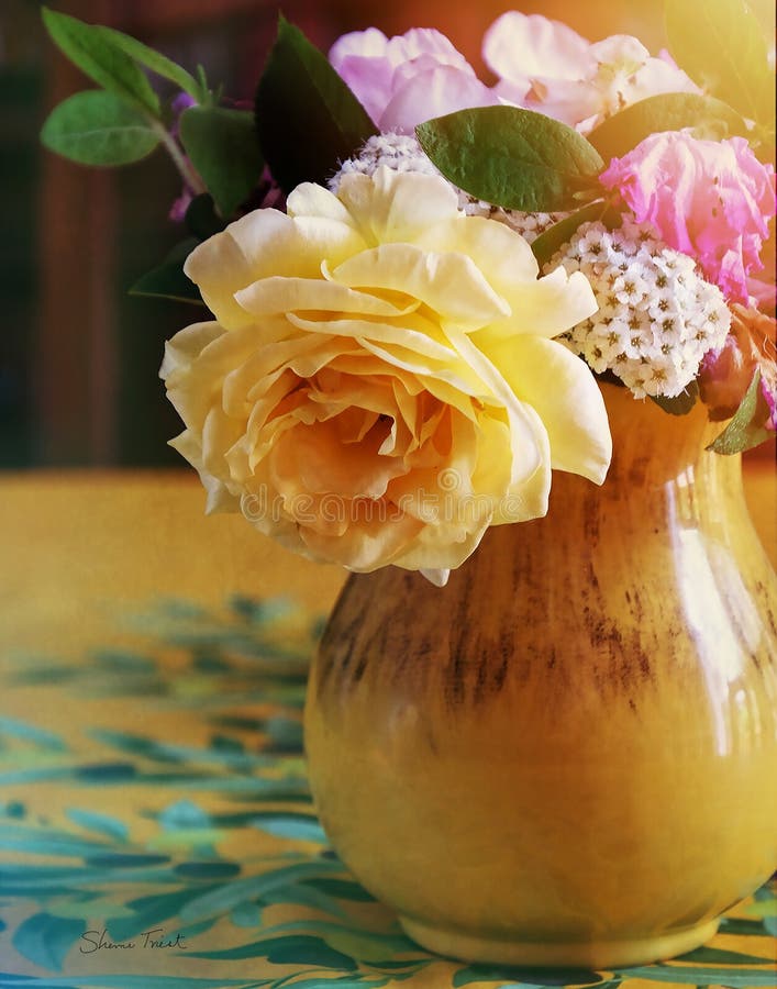 Yellow Rose in a Yellow Pitcher Stock Photo - Image of pitcher, bright ...