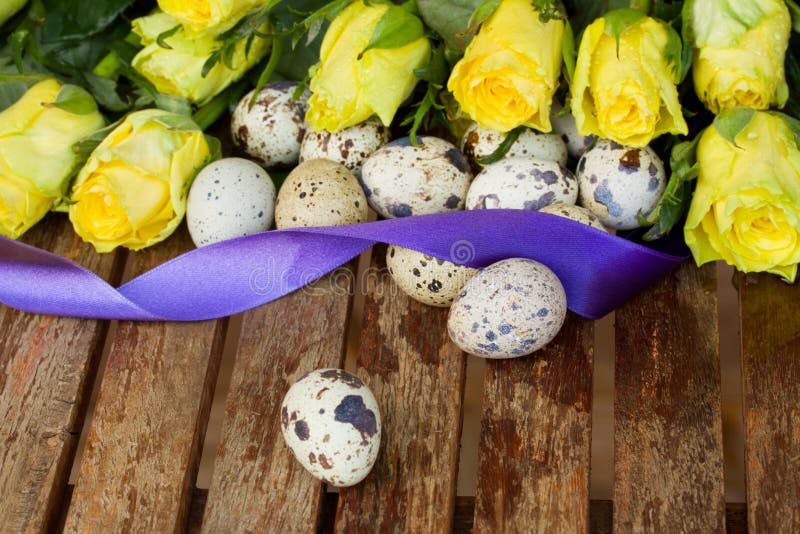 Yellow Roses and Eggs for Easter Stock Image - Image of purple ...