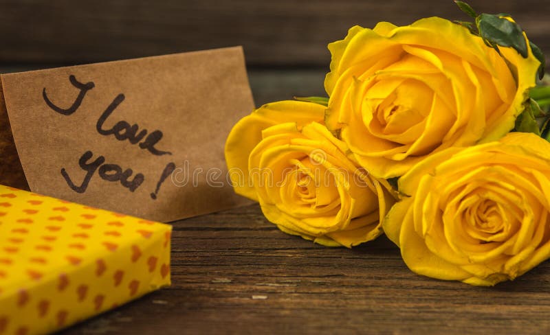 Yellow Roses Gift Box Card Text I Love You Stock Photos - Free ...