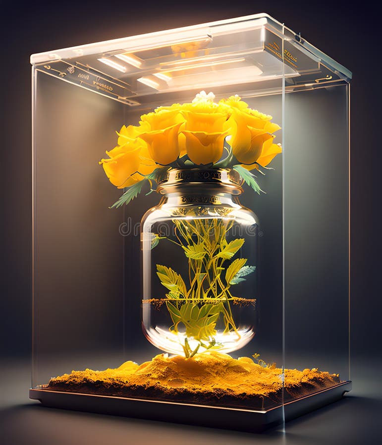 Yellow Roses Inside a Glass Box, AI Stock Illustration - Illustration ...