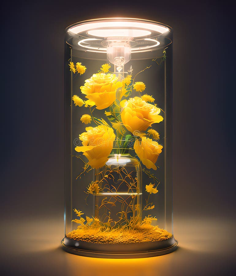 Yellow Roses Inside a Glass Box, AI Stock Illustration - Illustration ...