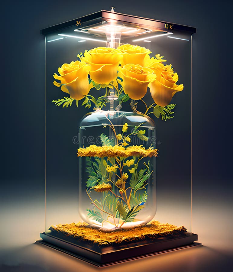 Yellow Roses Inside a Glass Box, AI Stock Photo - Image of holiday ...