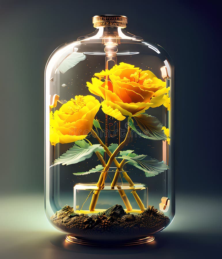 Yellow Roses Inside a Glass Box, AI Stock Illustration - Illustration ...