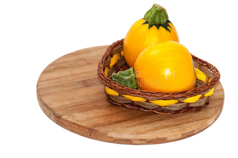 Yellow Round Zucchini in the Wooden Basket Stock Photo - Image of ...