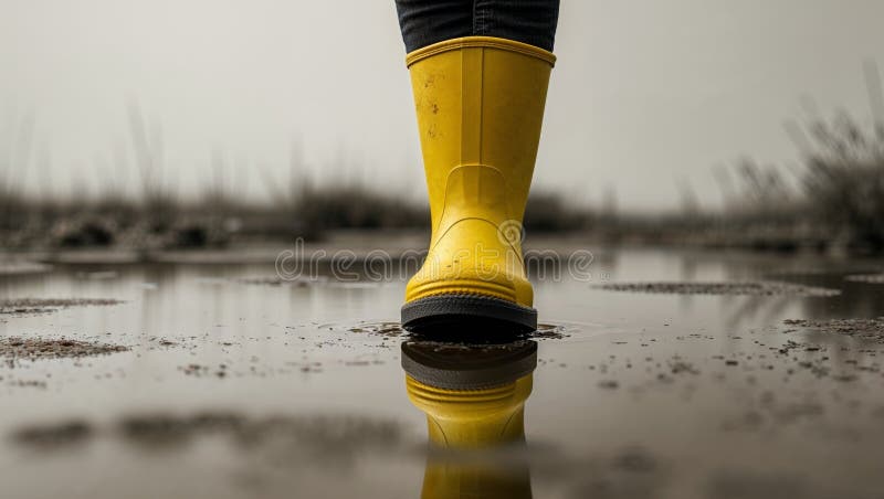 Yellow Rubber Boots Standing in Muddy Puddle Reflecting in Water Stock ...