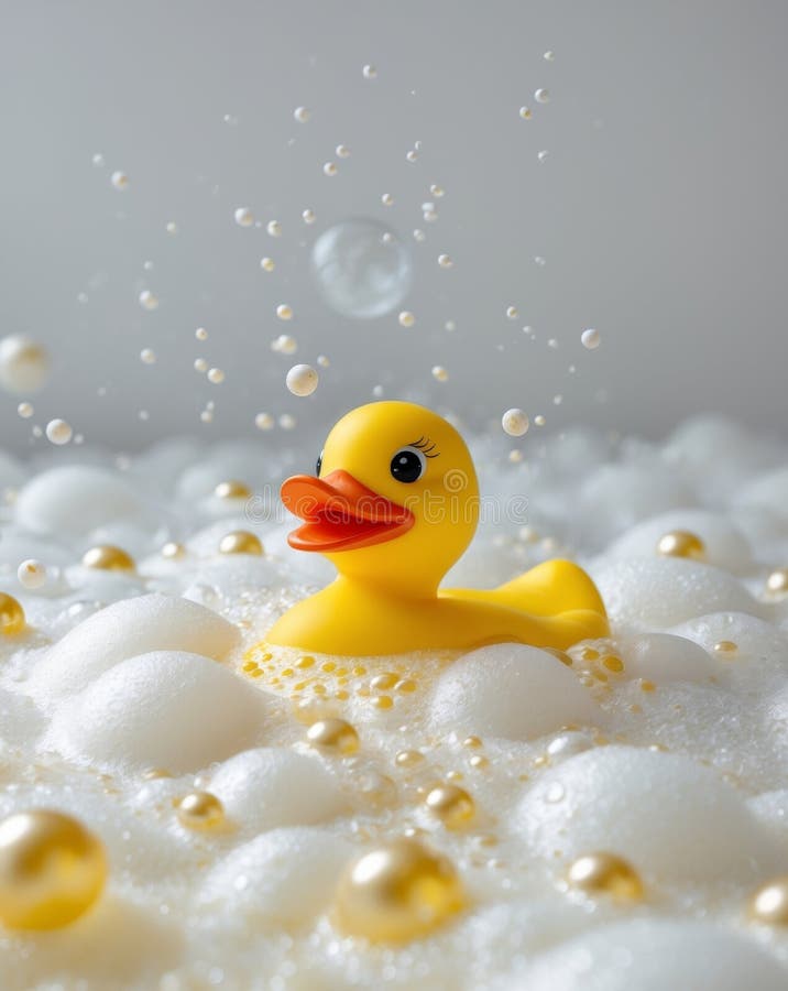 Yellow Rubber Duck Bathing in Frothy Bubble Bath with Bath Pearls ...